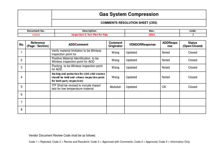 Gas System Compression: XXXXXX Inspection & Test Plan For Pipe 004A 3 | PDF