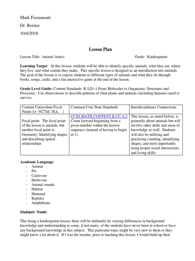 Animal Antics Lesson Plan | PDF | Educational Assessment | Learning