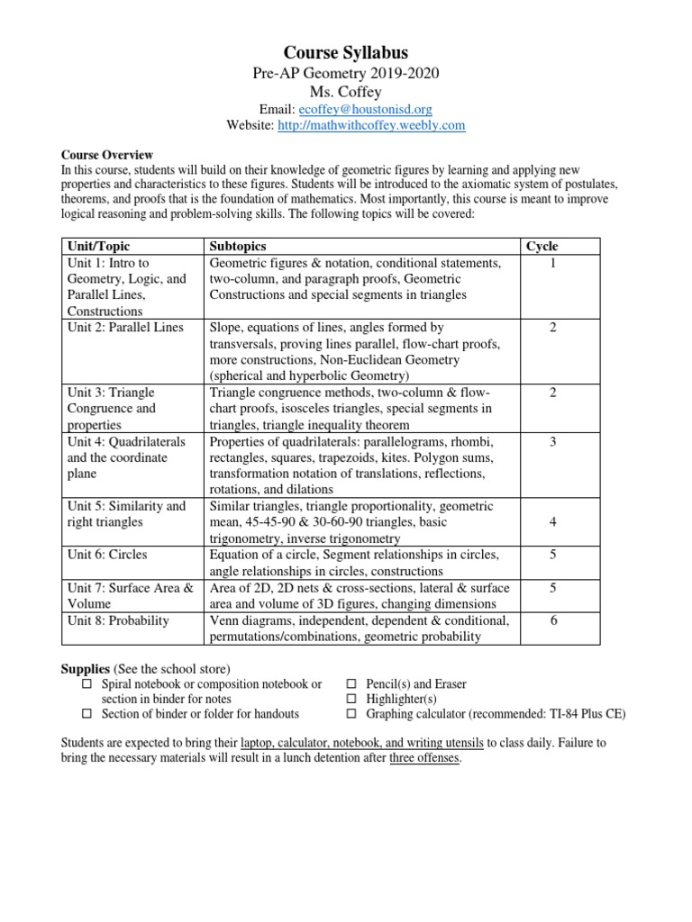 Pre-AP Geometry Syllabus 2019-2020 | PDF | Triangle | Geometry