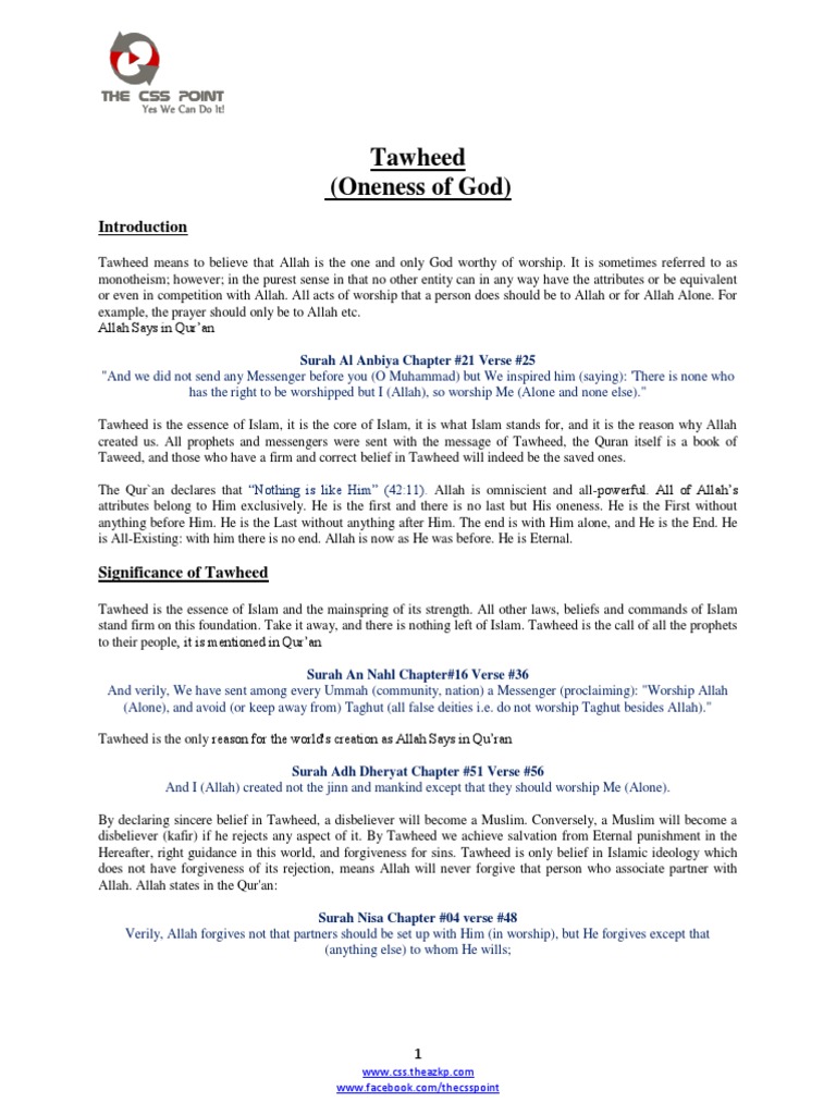 Tawheed (Oneness of God) PDF | PDF | Tawhid | God In Islam
