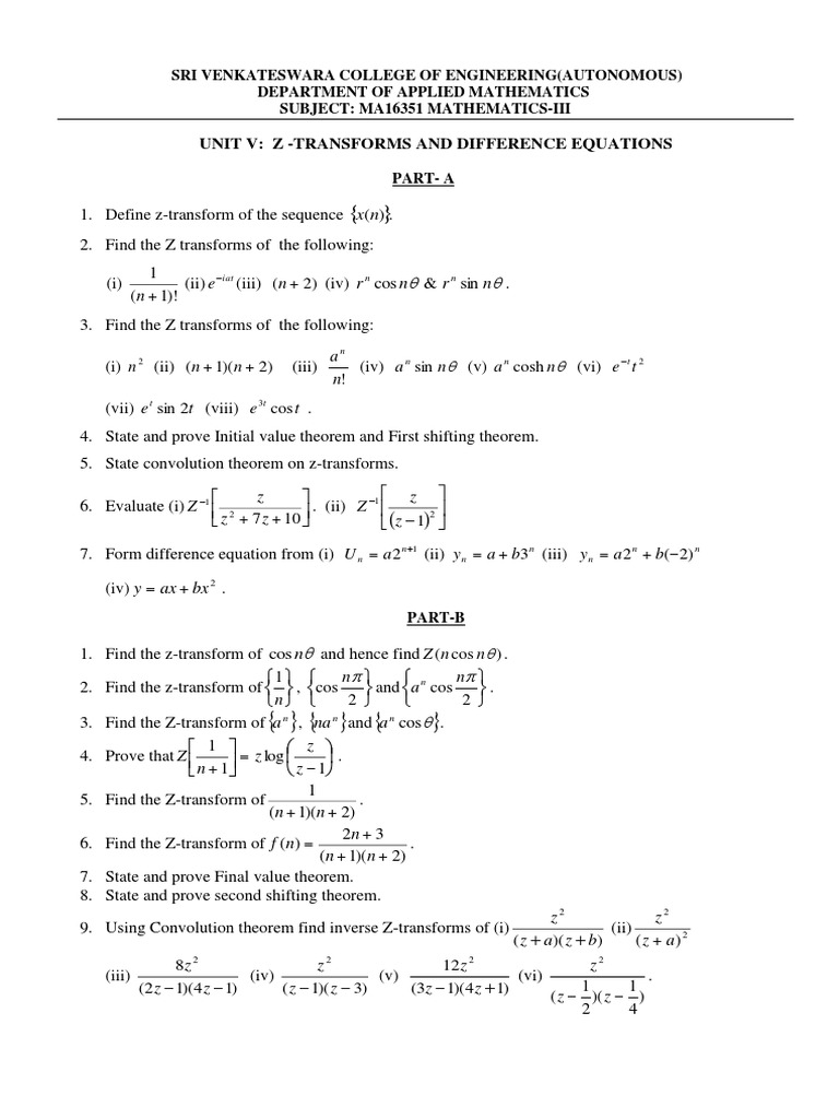 Unit V: Z - Transforms and Difference Equations | PDF | Trigonometric Functions | Analysis