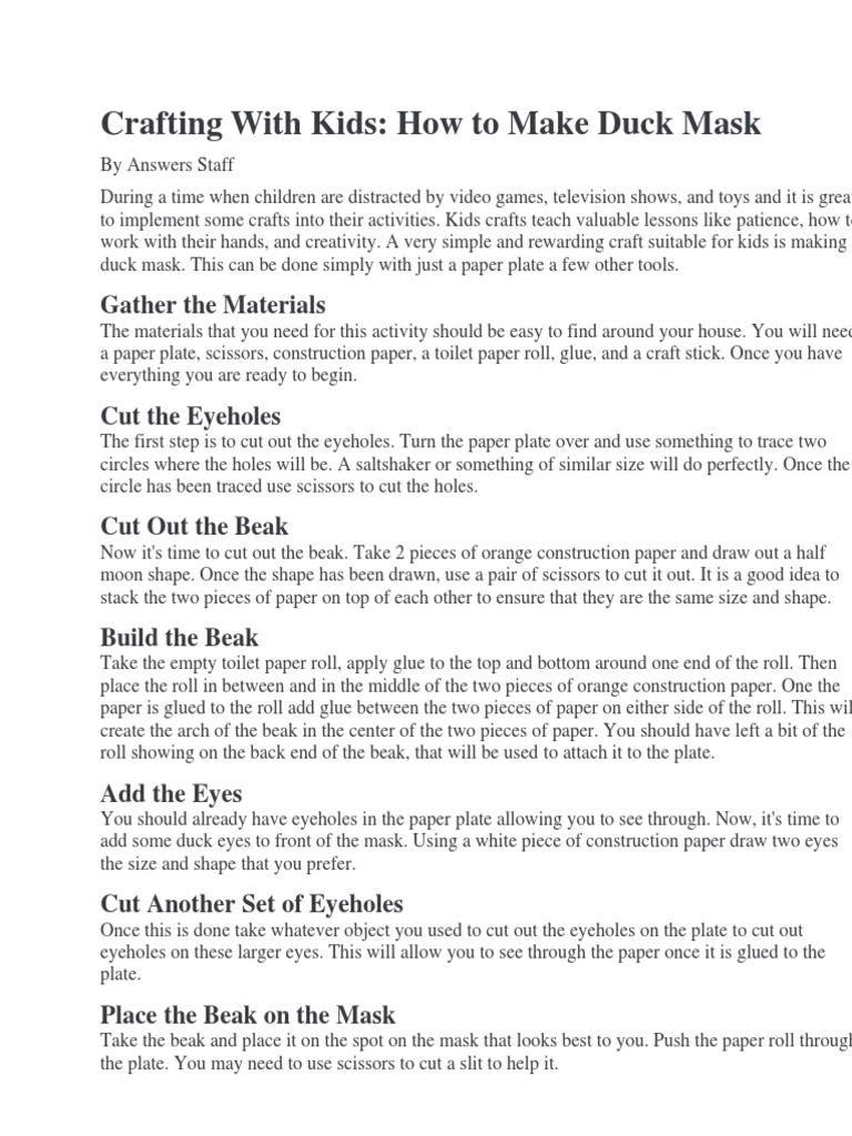 Crafting With Kids: How To Make Duck Mask: Gather The Materials | PDF
