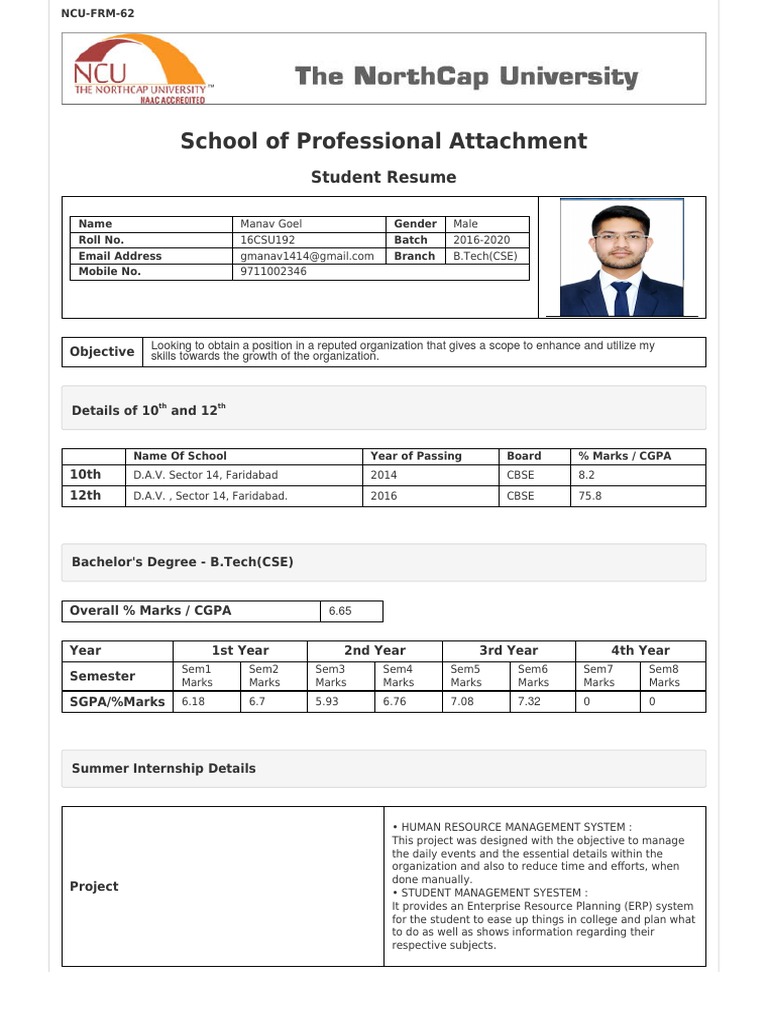 School of Professional Attachment: Student Resume | PDF | Software ...