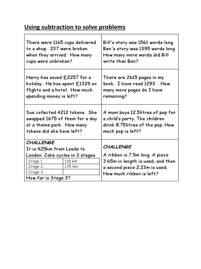 Using Subtraction To Solve Problems: Challenge Challenge | PDF
