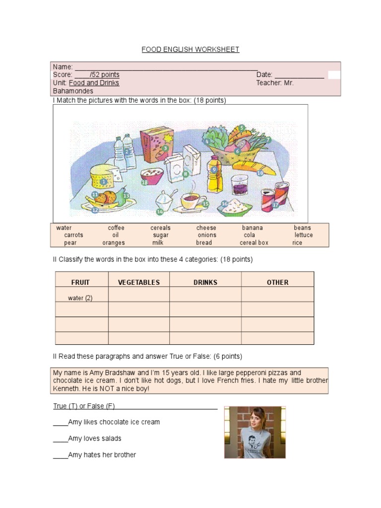 Food Worksheet | PDF