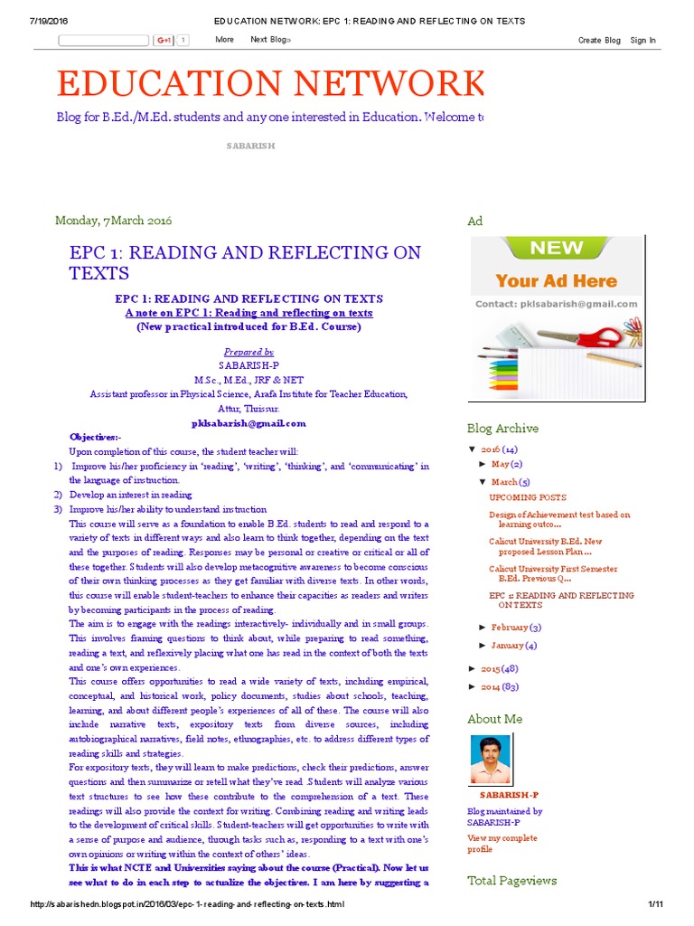 Education Network - Epc 1 - Reading and Reflecting On Texts PDF | PDF ...
