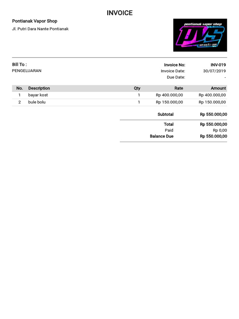 Invoice for Pontianak Vapor Shop | PDF