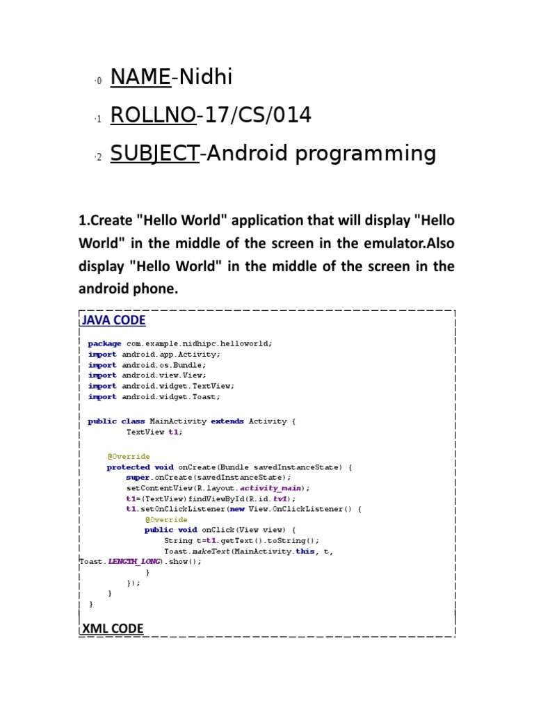 NAME-Nidhi ROLLNO-17/CS/014 SUBJECT-Android Programming | PDF | Android ...