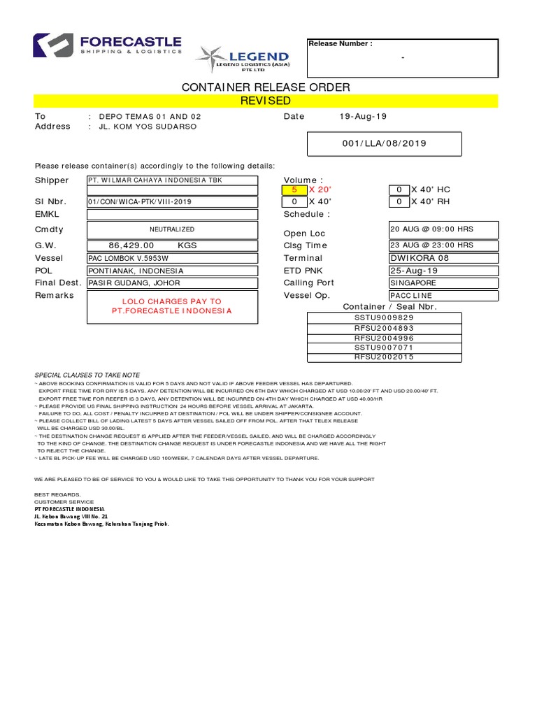 Revised Container Release Order | PDF | Legal Documents | Business