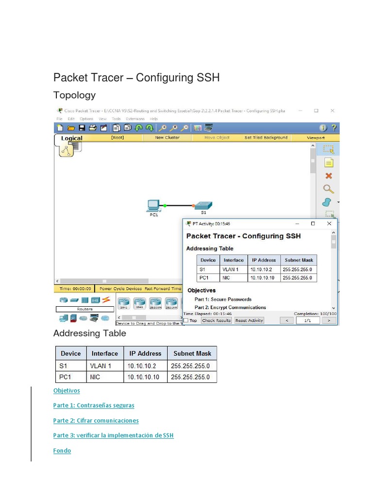 2.2.1.4 Packet Tracer - Configuring SSH - Pka Completed | PDF ...