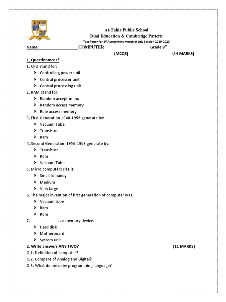 Computer Paper Ist Assesment | PDF | Random Access Memory | Input/Output