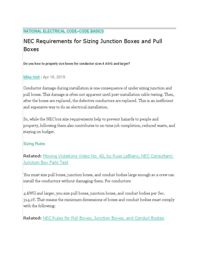 NEC Requirements For Sizing Junction Boxes and Pull Boxes | PDF ...