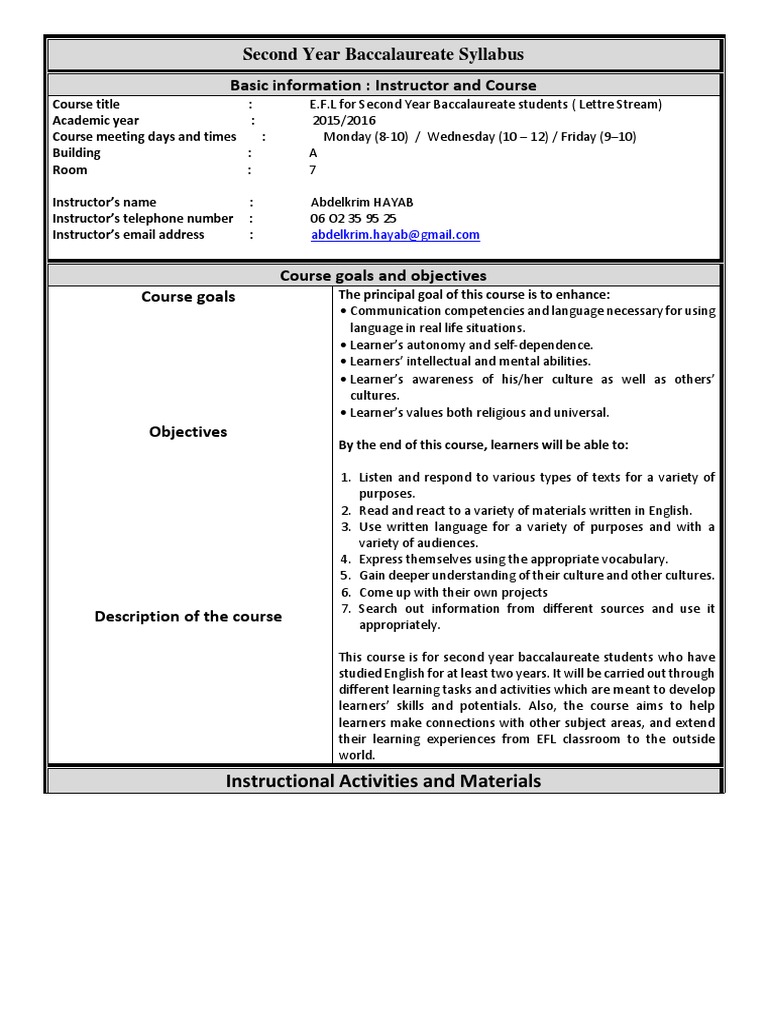 Second Year Baccalaureate Syllabus Basic Information: Instructor and ...