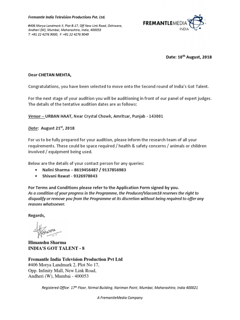 IGT 8 - Selection Letter For Chetan Mehta PDF | PDF