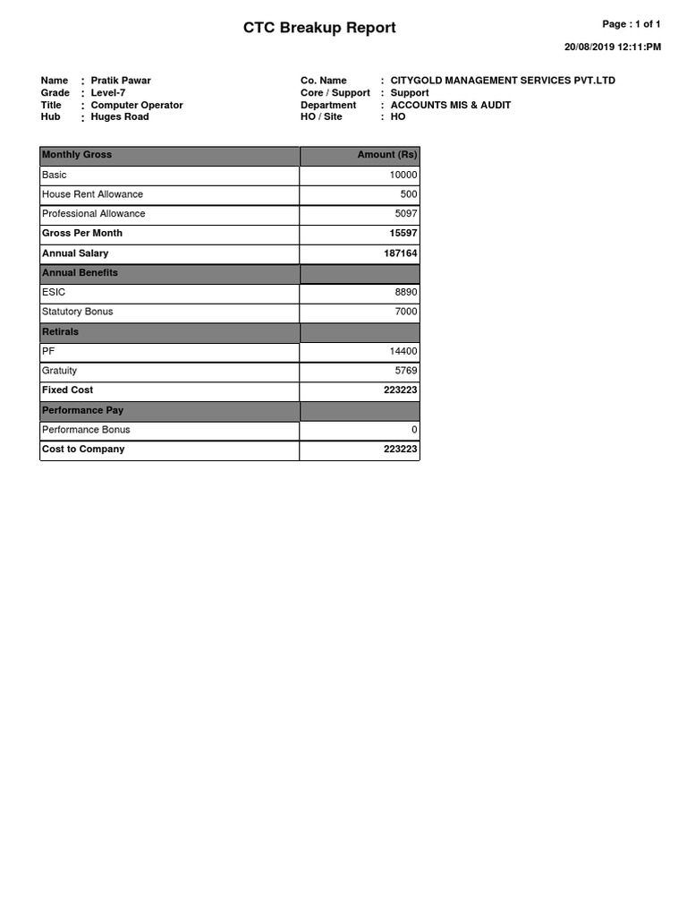 CTC Breakup Report (1) - Pratik | PDF