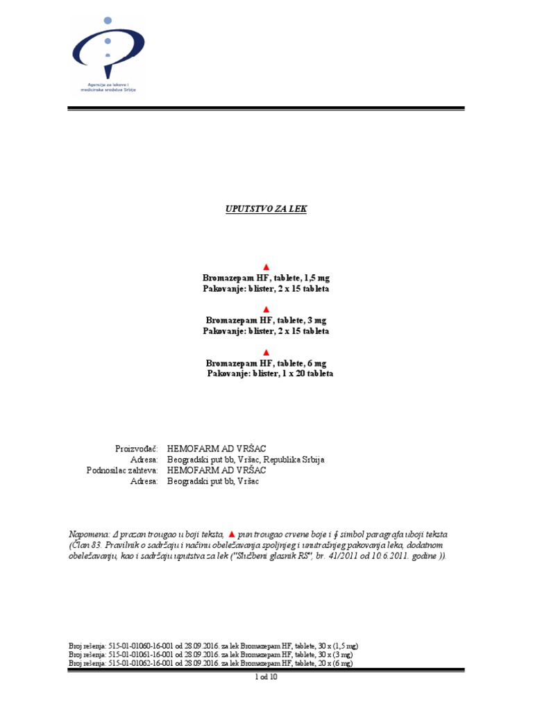 Uputstvo Za Lek: Bromazepam HF, Tablete, 1,5 MG Pakovanje: Blister, 2 X ...