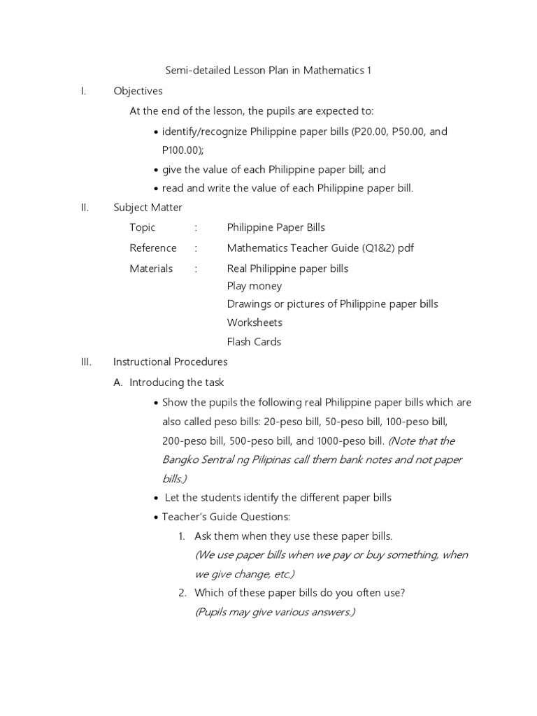 Semi-Detalied Lesson Plan For Philippine Money: Bills | PDF | Behavior ...