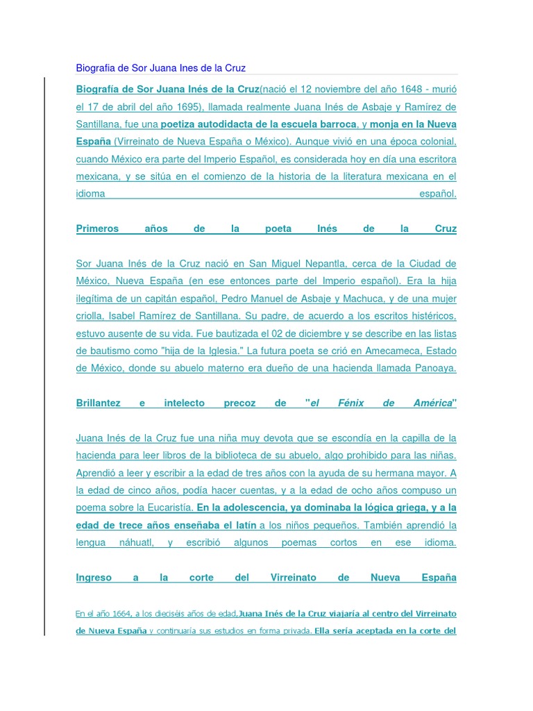 Biografia de Sor Juana Ines de La Cruz | PDF | Nueva españa | Poesía