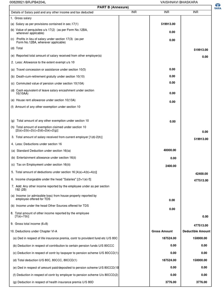 Form 16 - TCS Part B | PDF | Employee Benefits | Tax Deduction