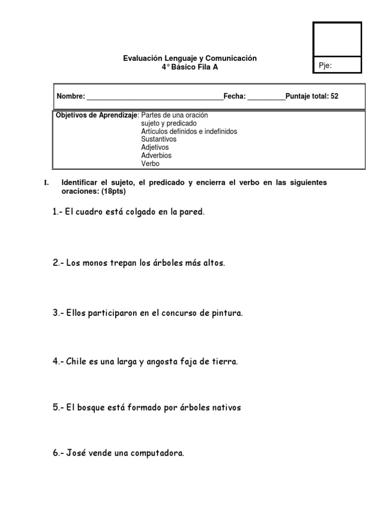 Evaluación Partes Oracion | PDF | Oración (Lingüística) | Sustantivo