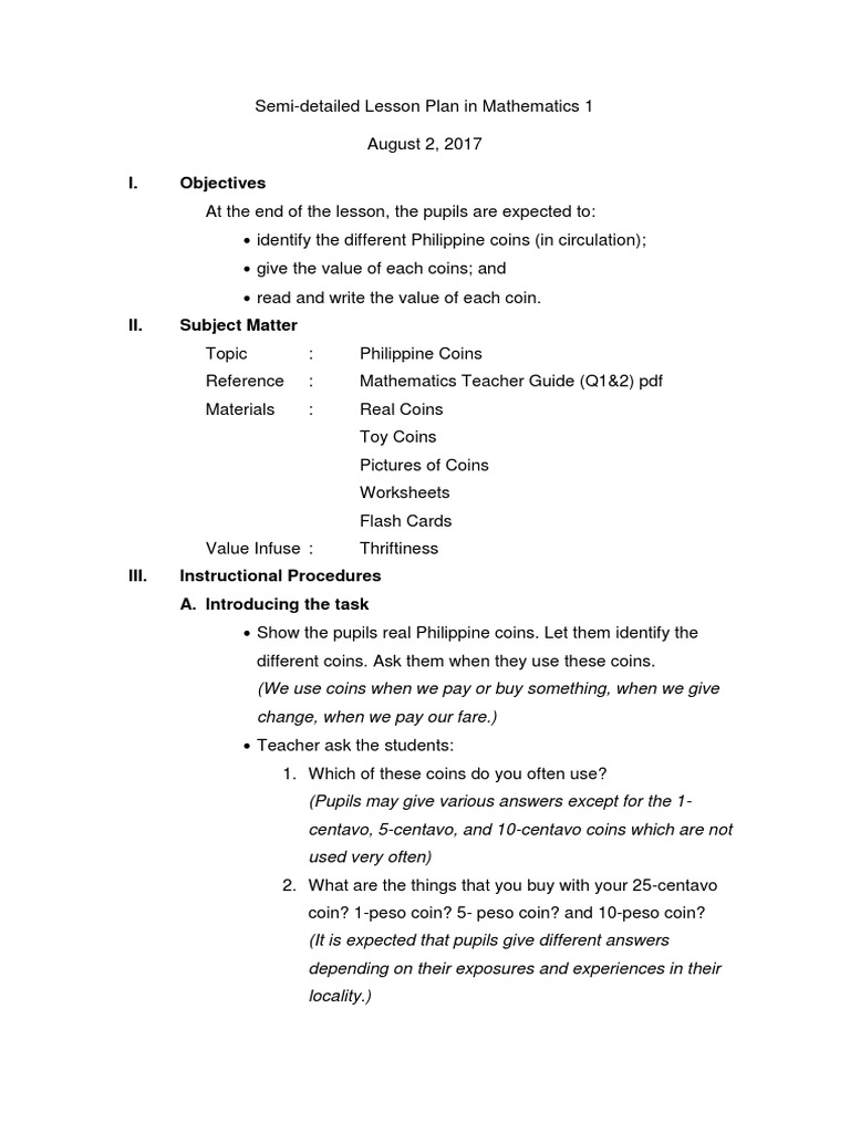 Semi-Detailed Lesson Plan for Philippine Money: COins | Coins | Lesson Plan