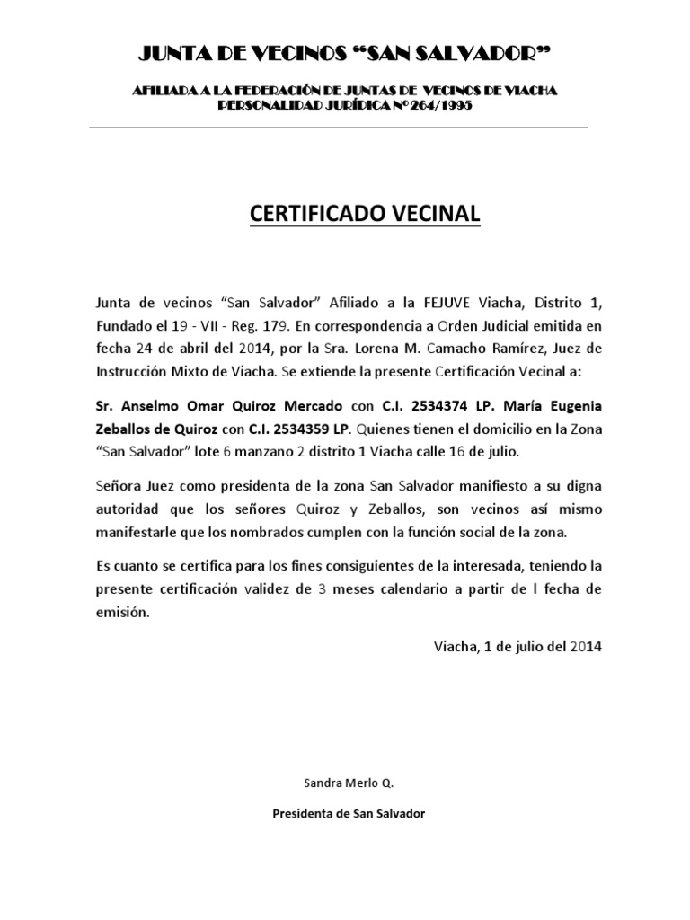 Certificado Vecinal | PDF | Gobierno | Poder judicial (sistema de justicia)