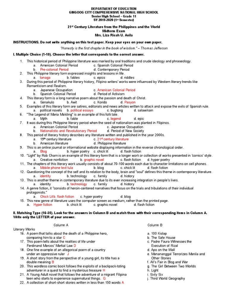 Midterm Exam - 21st Cent Lit - AVILA - AnswerKey | PDF | Genre | Writing