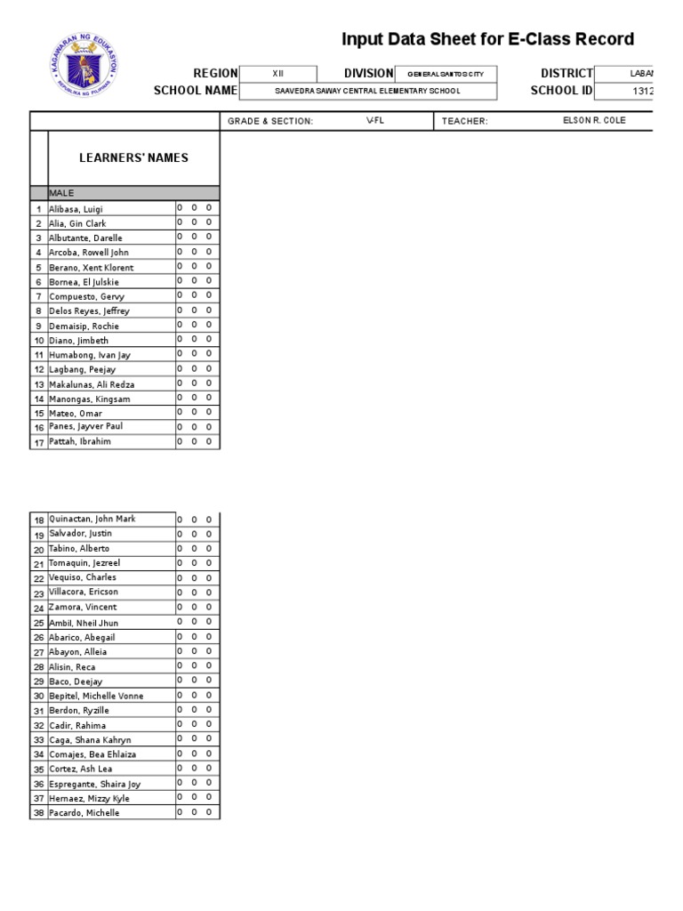 Mapeh 4 6 e Class Record | PDF