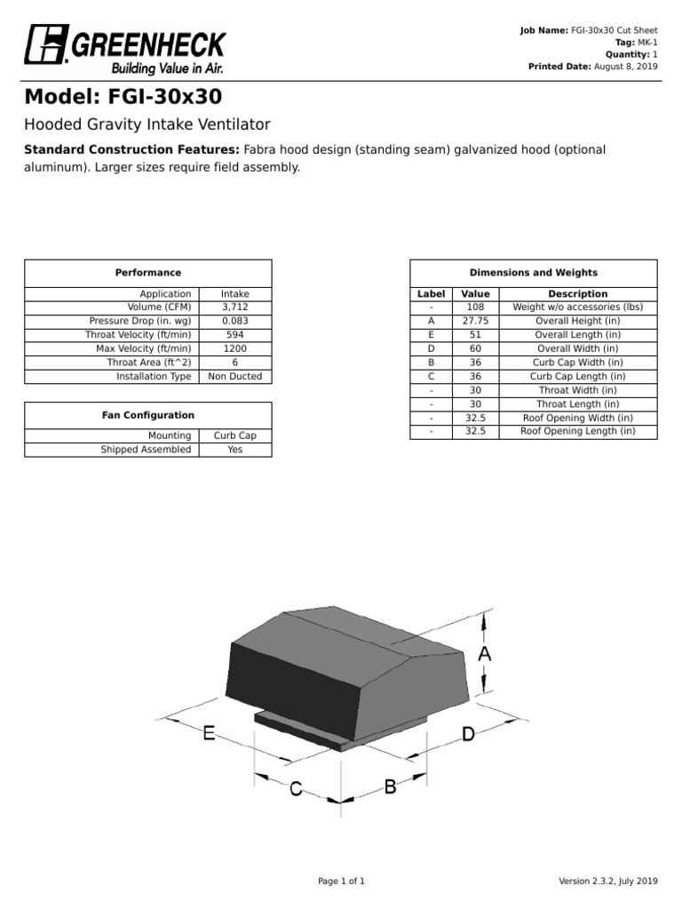 Model: FGI-30x30: Hooded Gravity Intake Ventilator | PDF