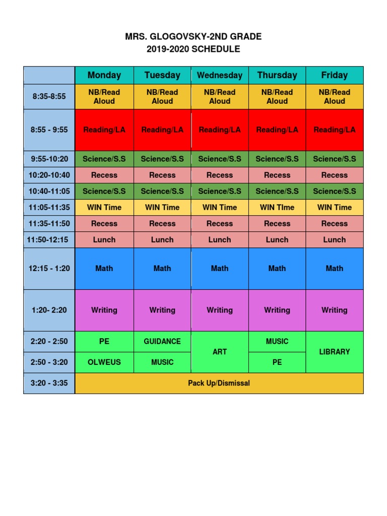 2nd Grade Schedule 2019-2020 | PDF