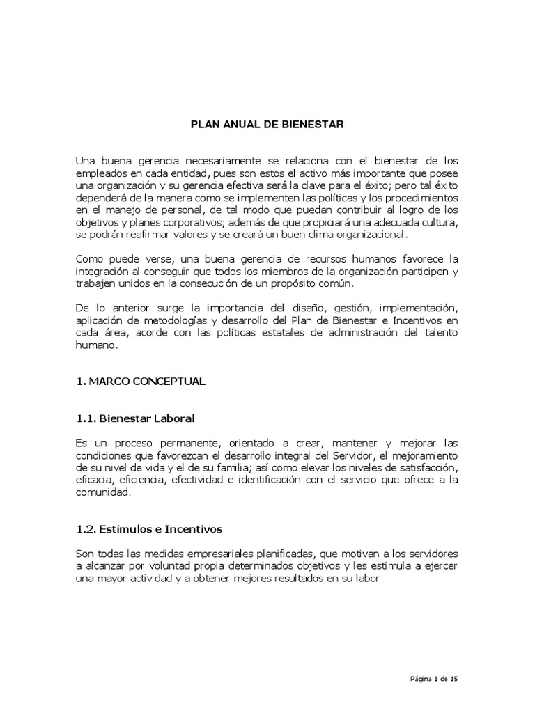 Plan Anual de Bienestar | PDF | Bienestar | Gestión de recursos humanos