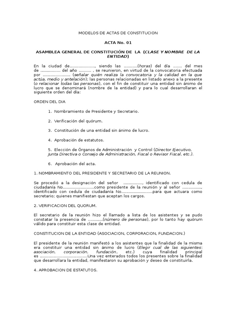 MODELO DE ACTA DE CONSTITUCION Y ESTATUTOS ESAL (4).doc | Fundación (sin fines de lucro ...
