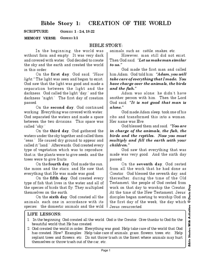 Creation of The World Bible Story 1 | PDF | Genesis Creation Narrative ...