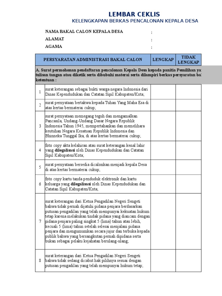 Ceklis Persyaratan Calon Kades 2025 | PDF