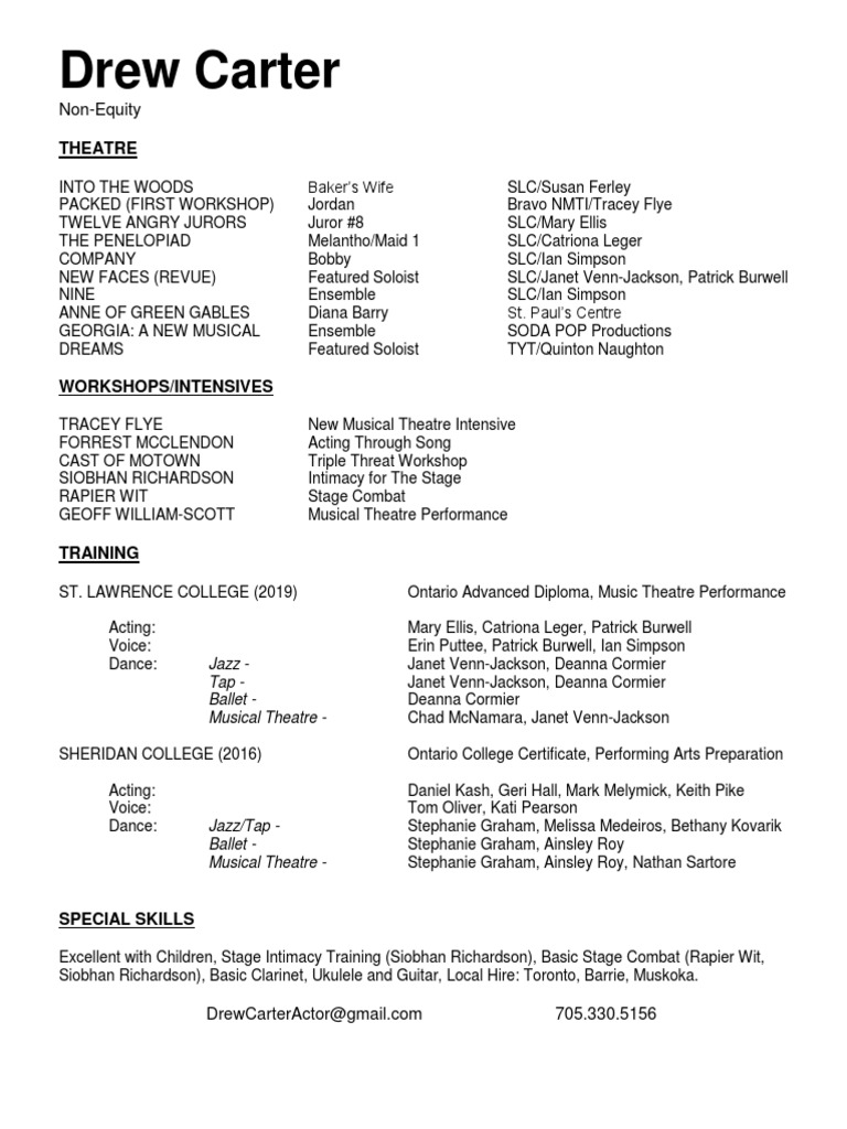 Drew Carter Resume | PDF | Performing Arts | Entertainment