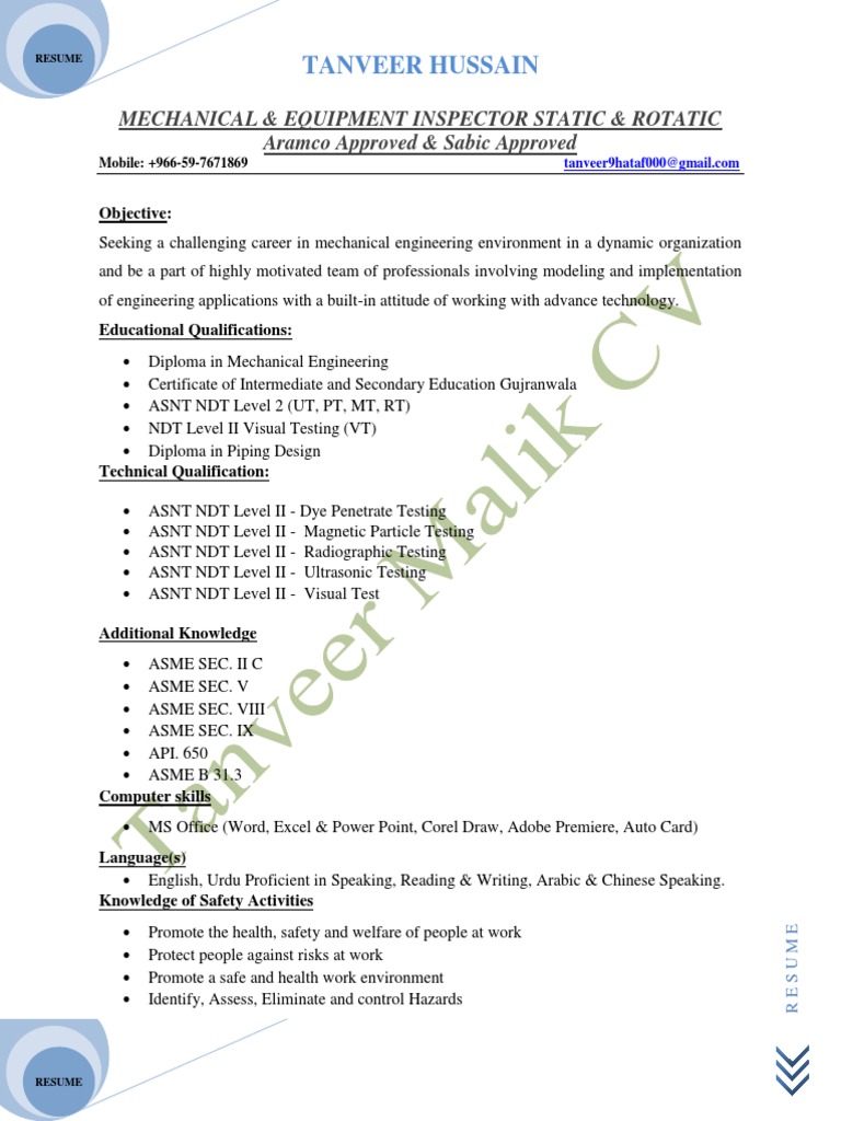 Tanveer CV Equipment QC Inspector | PDF | Nondestructive Testing ...