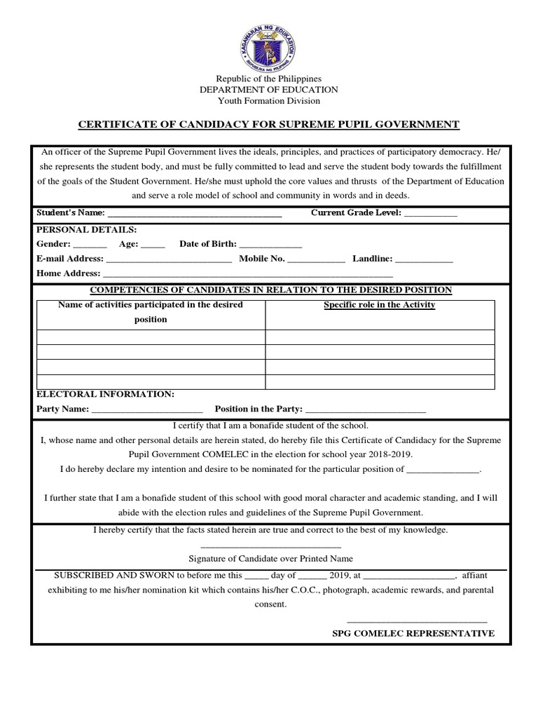 Certificate of Candidacy SPG | PDF | Government | Social Institutions Certificate of Candidacy SPG | PDF | Government | Social Institutions