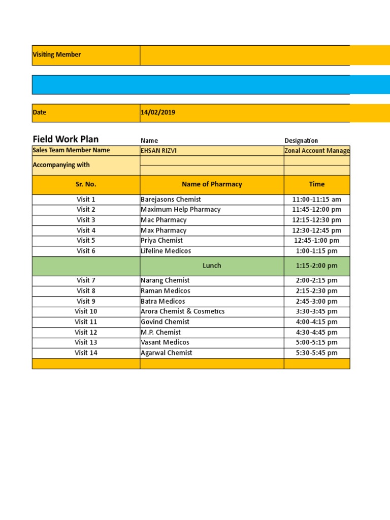 Field Work Plan: Sr. No. Name of Pharmacy Time | PDF | Self-Improvement ...