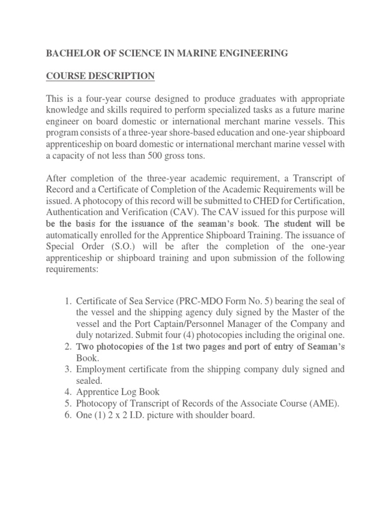 Bachelor of Science in Marine Engineering | PDF | Apprenticeship ...