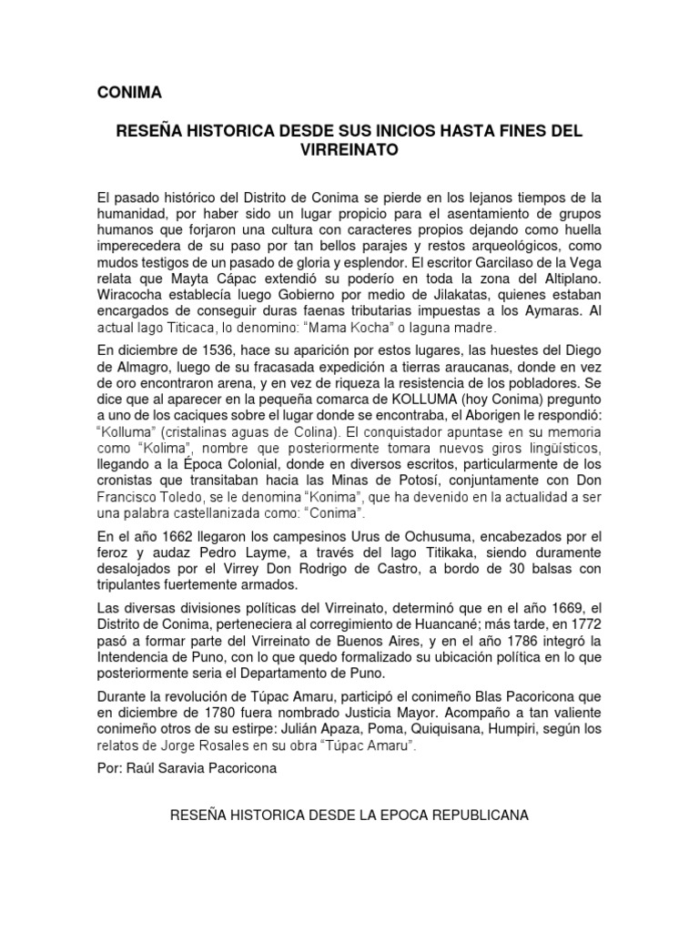 Conima Historia | PDF | Perú | Lima