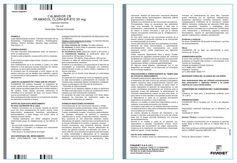 Calmador CB Prospecto | PDF | Dolor | Analgésico