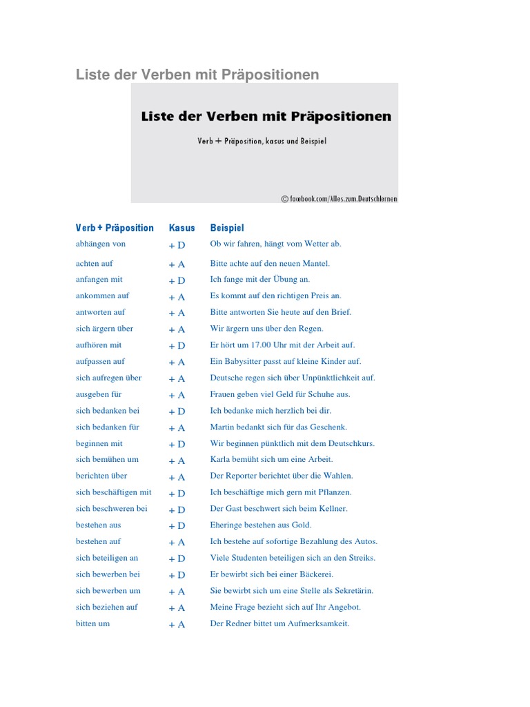 Liste Der Verben Mit Praepositionen
