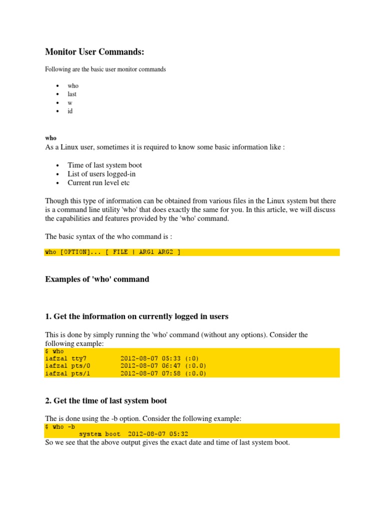 Monitor User Commands:: Examples of 'Who' Command | PDF | Login ...