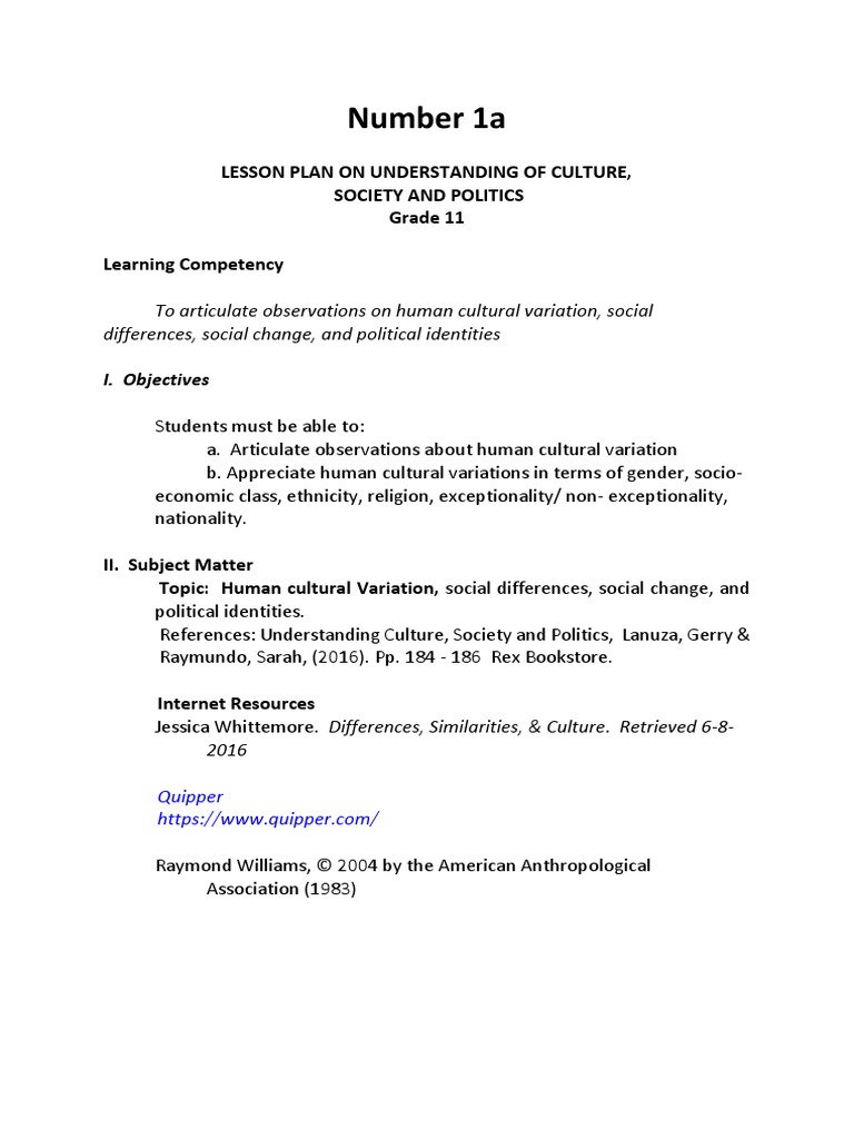 Number 1a: Lesson Plan On Understanding of Culture, Society and ...