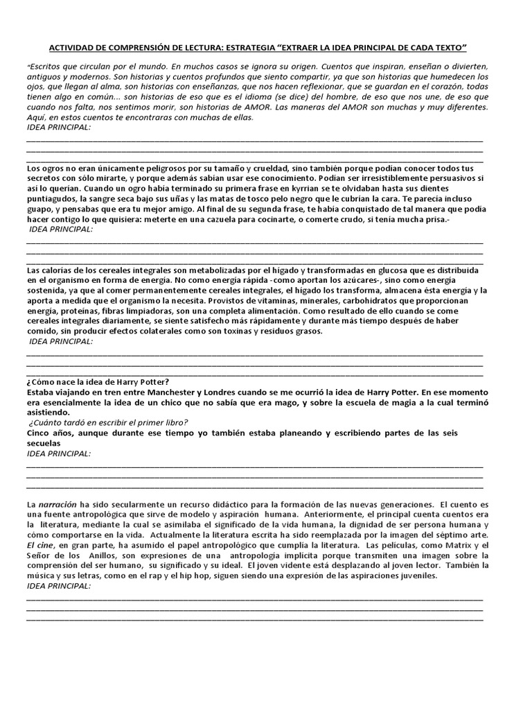 Actividad1 de Comprensión de Lectura Idea Principal | PDF | Cereales ...