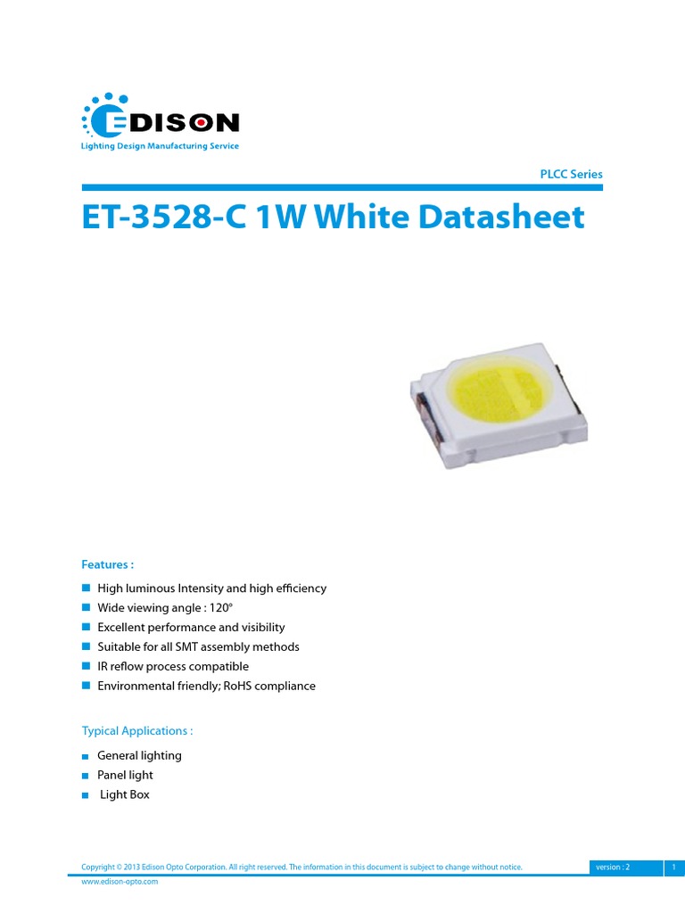 ET-3528-C 1W White Datasheet: PLCC Series | PDF | P–N Junction | Electromagnetic Radiation