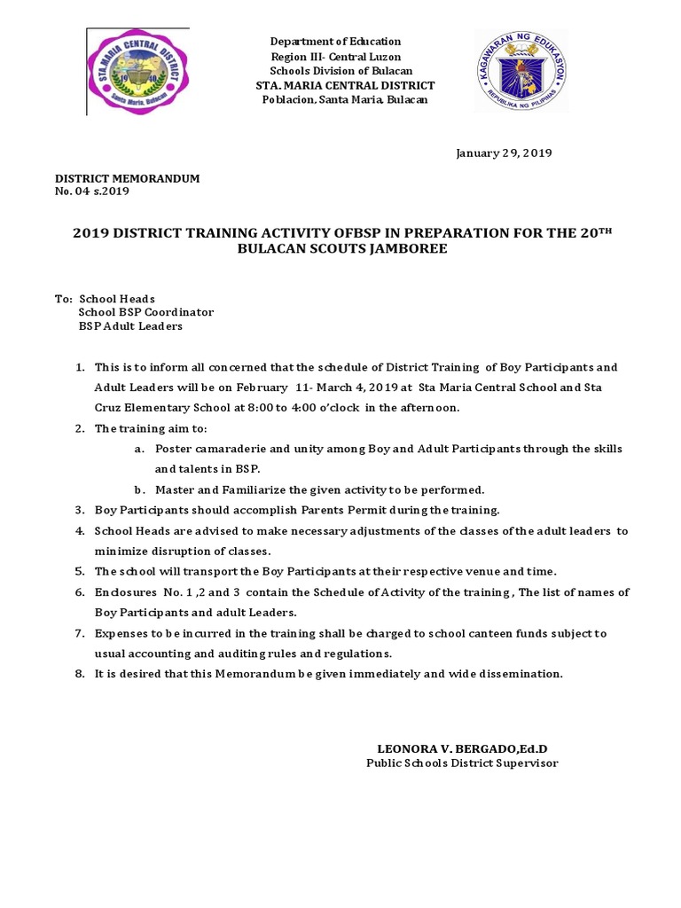 District Memo No. 04 s.2019 BSP 2019 Sirmhel Edited | PDF | Scouting