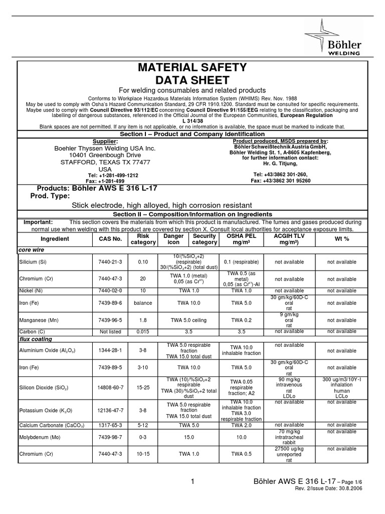 Material Safety Data Sheet: Böhler AWS E 316 L-17 | PDF | Chromium ...