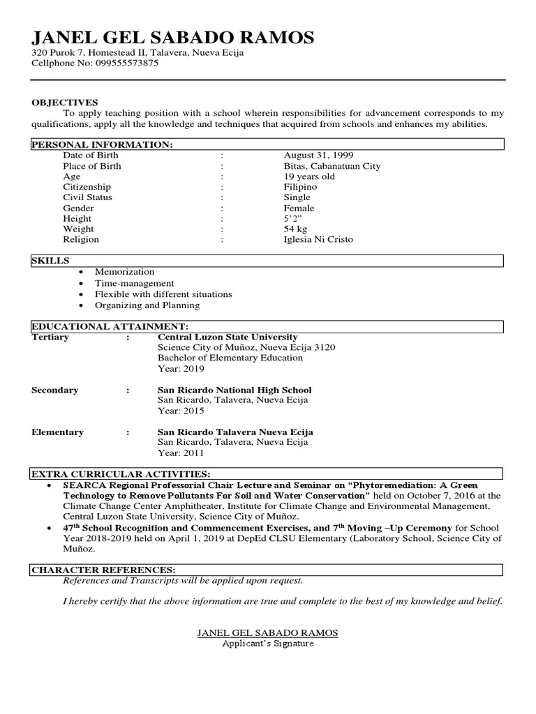 Janel Gel Ramos (Resume) Elementary Teacher | PDF | Learning