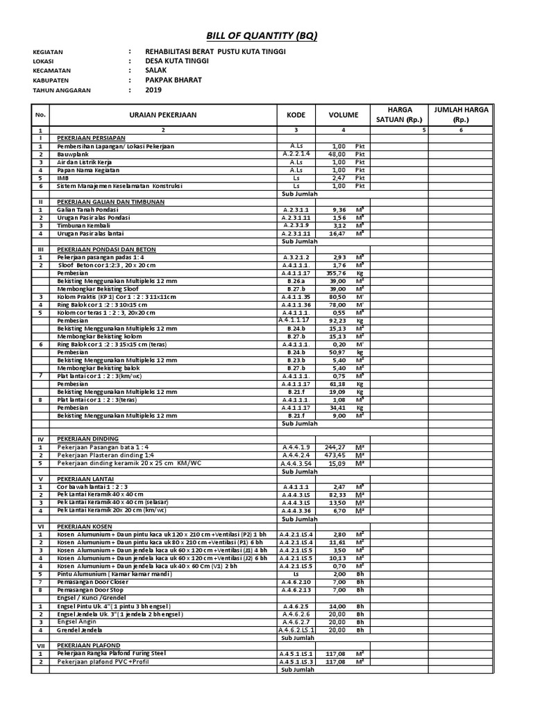 Bill of Quantity (BQ) | PDF